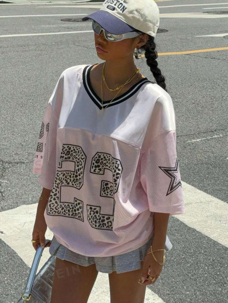 SHEIN EZwear Pink Mesh Women Printed T-Shirt | SHEIN UK