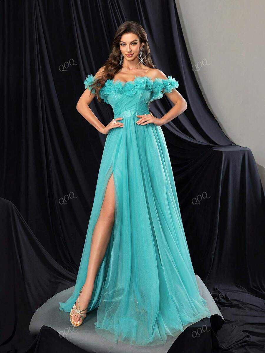 QOQ Women's Off-Shoulder High Slit Elegant Turquoise Formal Dress ...