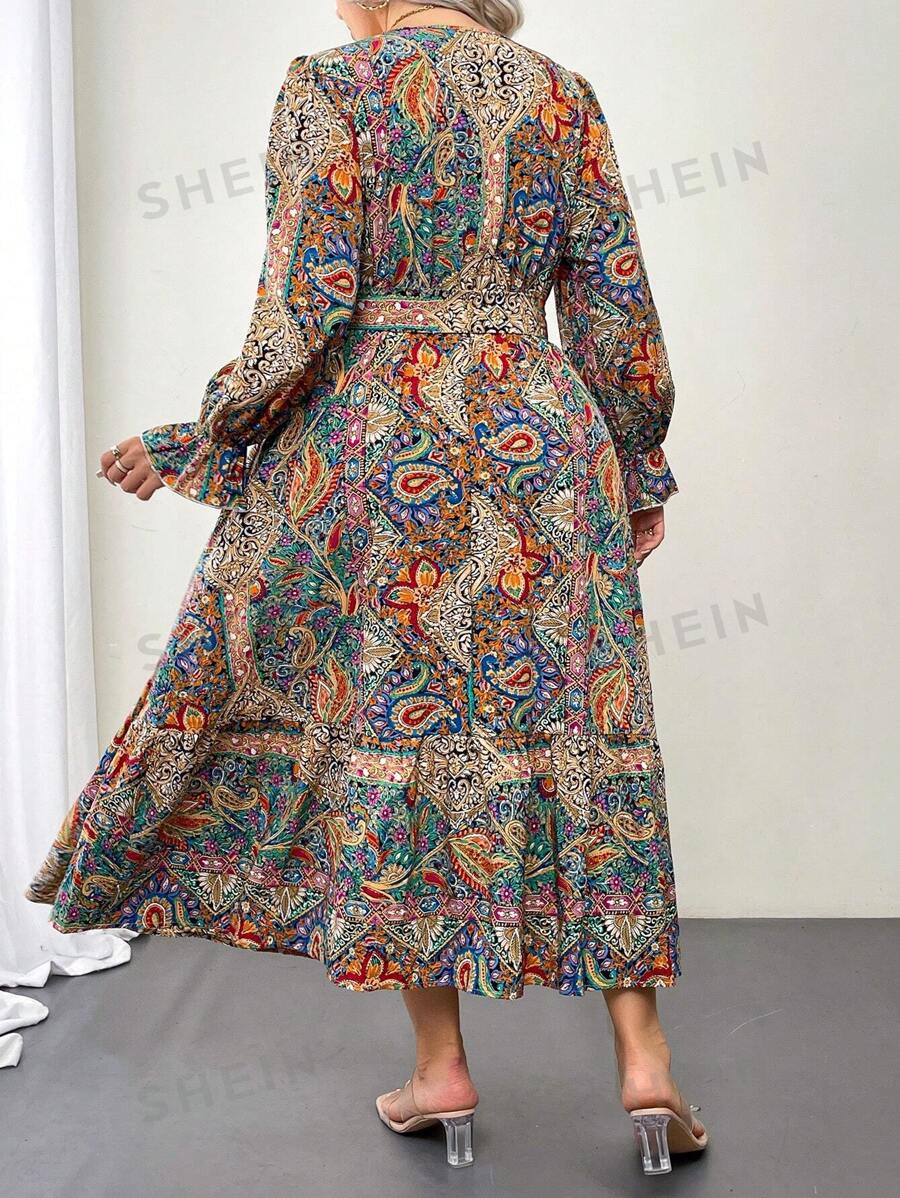 SHEIN LUNE Fall Women Dresses Plus Size Floral Print Flared Sleeve ...