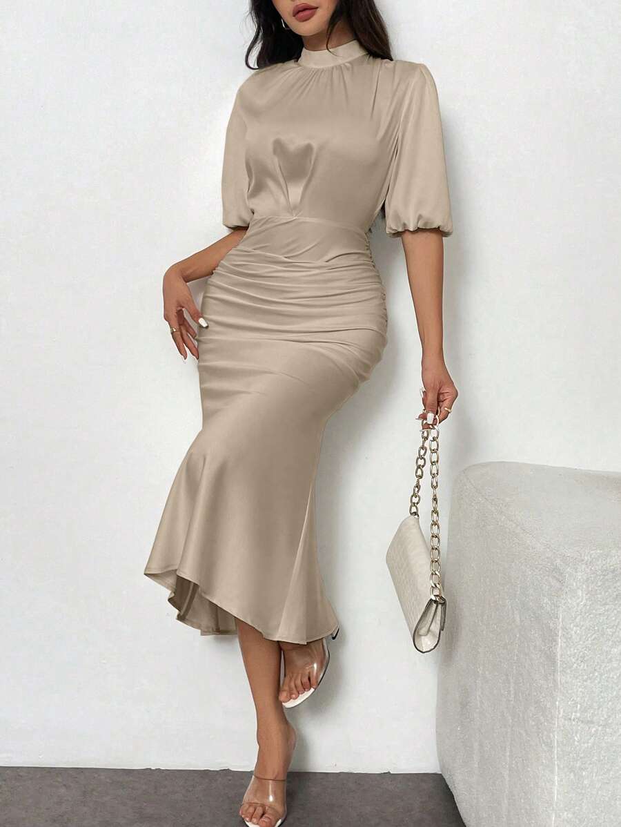 Chiquease Maxikleid für Damen mit Puffärmeln, geraffte Taille ...