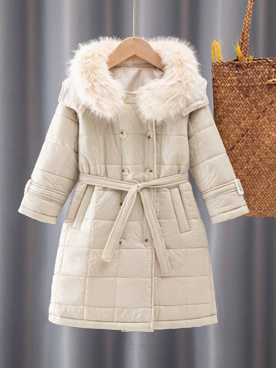 Young Girls Long Hooded Quilted Padded Parka Jacket With Fluffy Collar ...