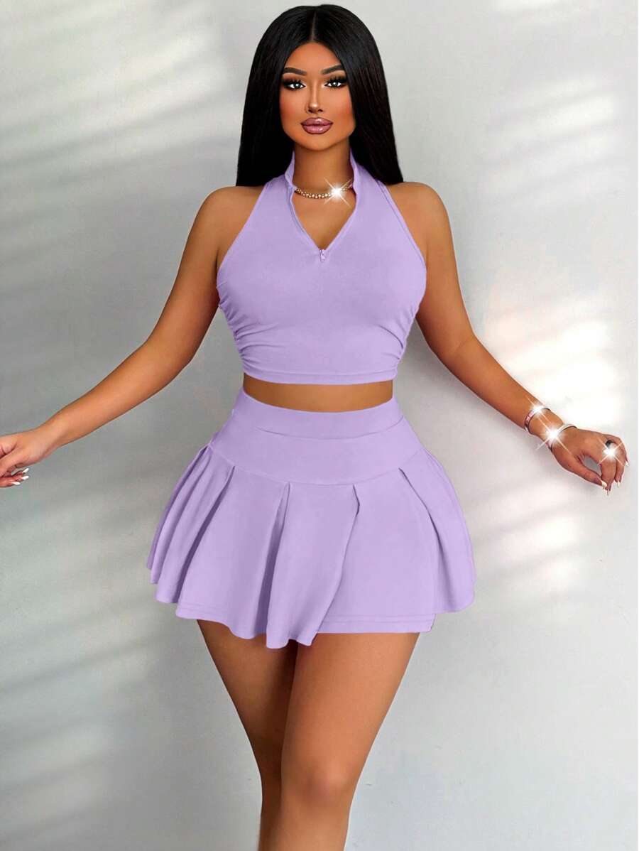 Zolique Solid Color Zipper Half Front Fashionable Tank Top And Solid ...