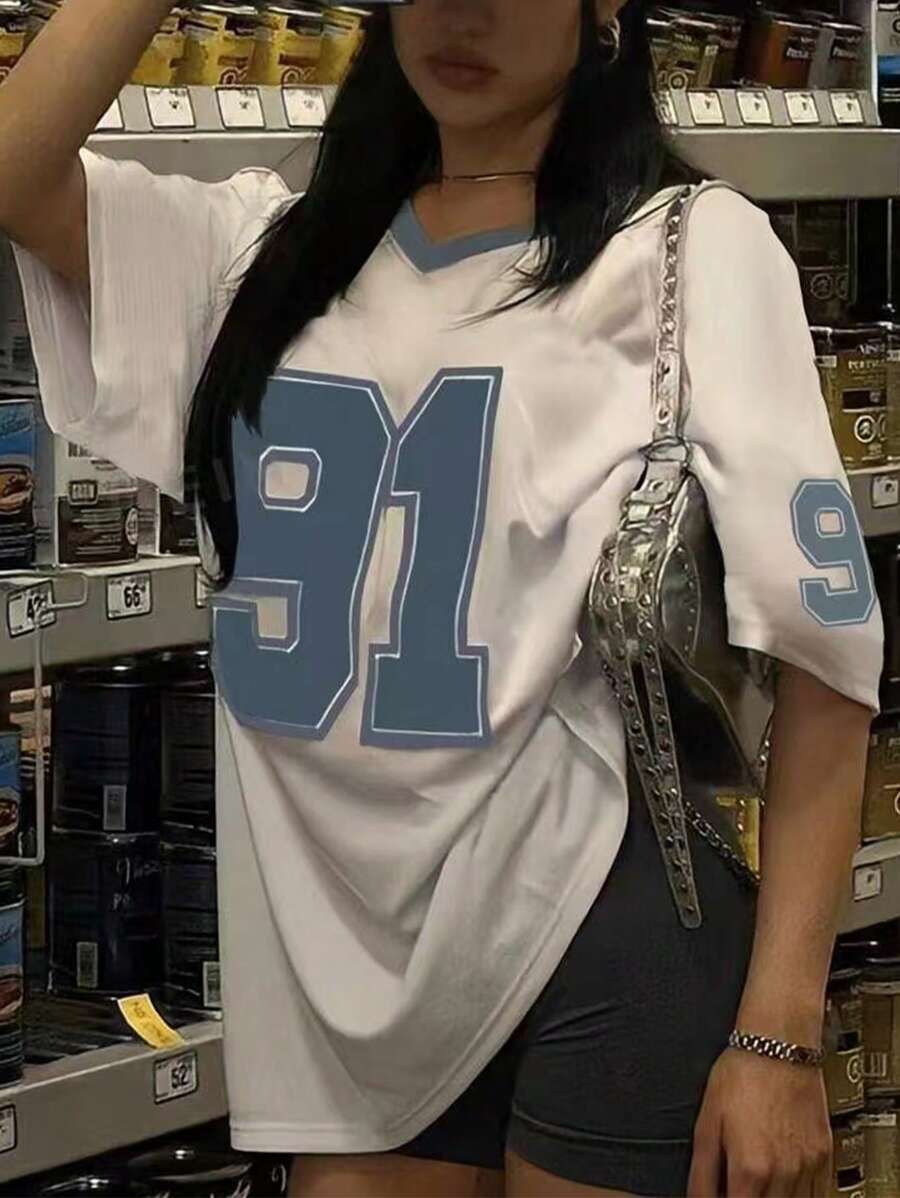 Teen Girl Solid Color Patchwork Short Sleeve Numeric Print Simple T ...