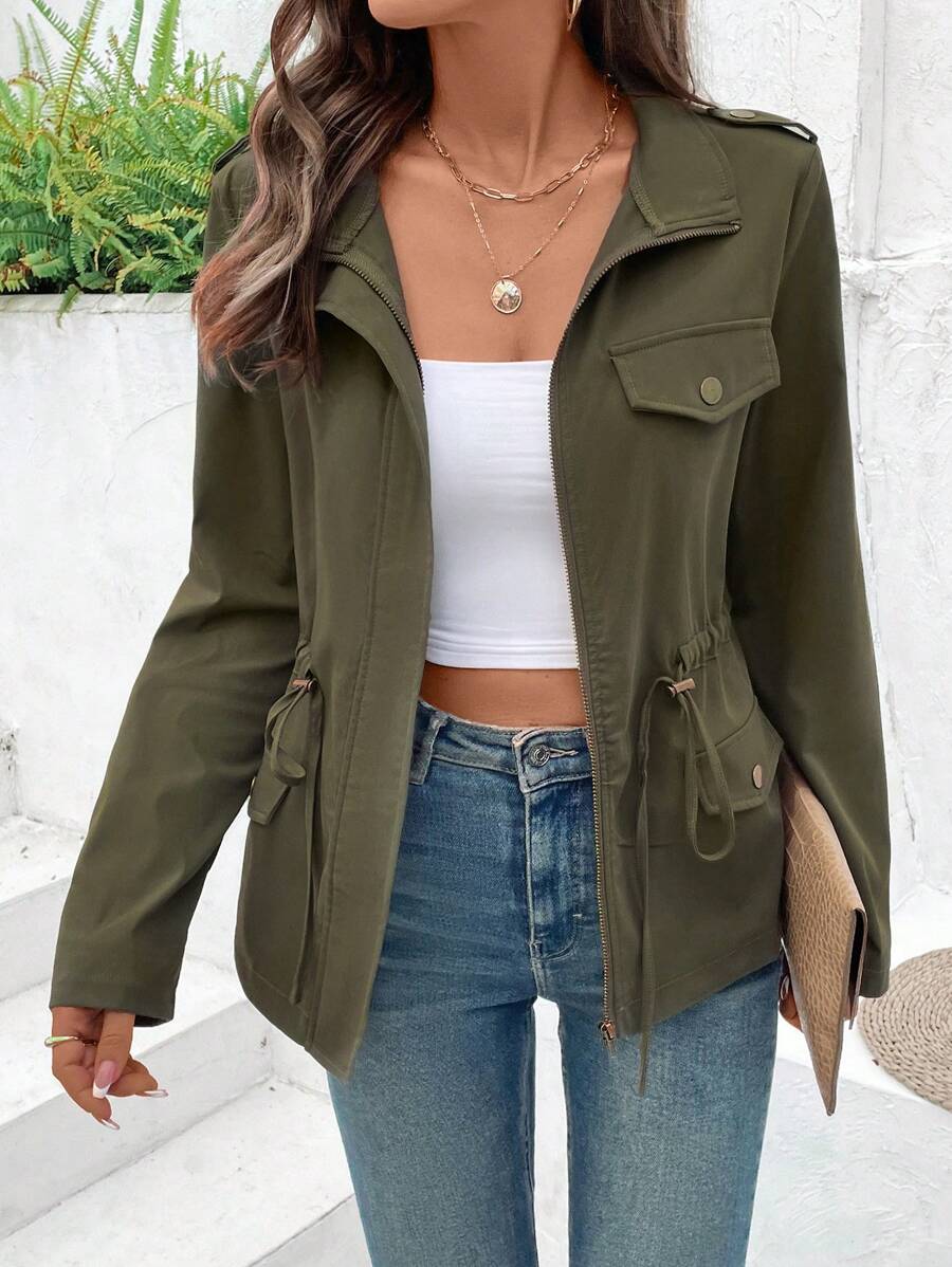 EMERY ROSE Zip-Up Stand Collar Long Sleeve Fitted Jacket | SHEIN USA