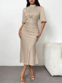 Chiquease Maxikleid für Damen mit Puffärmeln, geraffte Taille ...