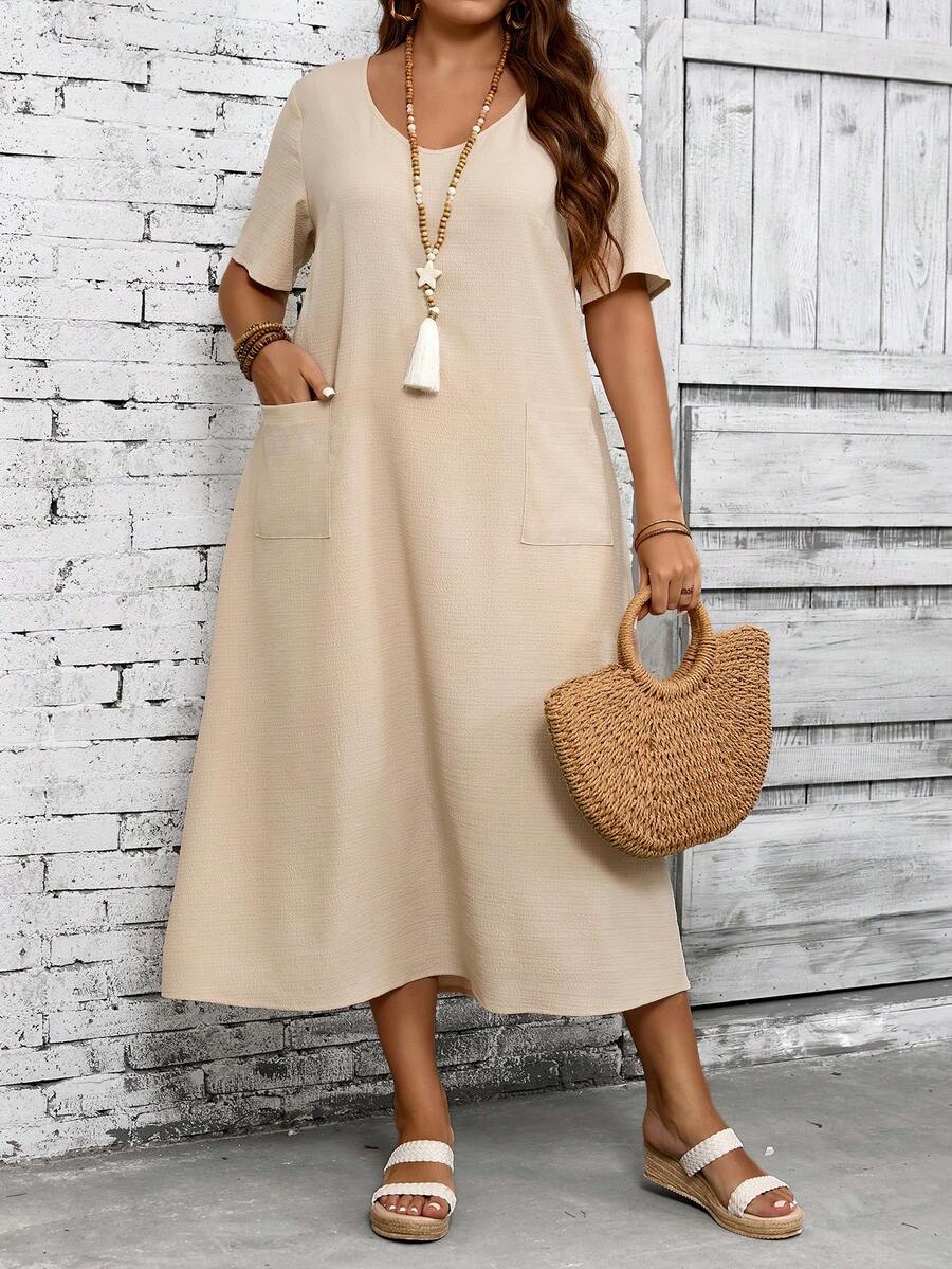 EMERY ROSE Plus Size Women's Solid Color Round Neck Short Sleeve Pocket Simple Loose Long Dress ...