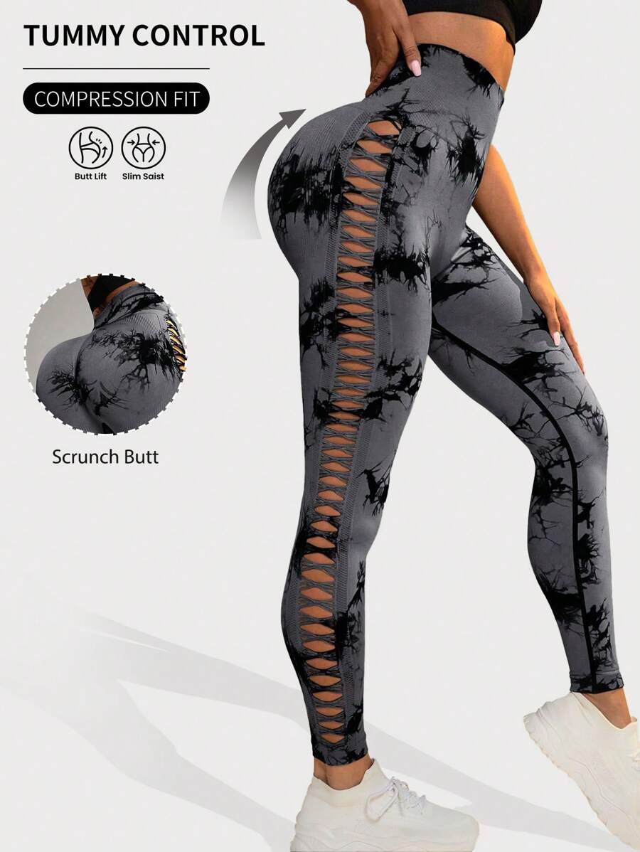 SHEIN Sport Studio Tie Dye Ladder Cut Out Side Seamless Sports Leggings ...