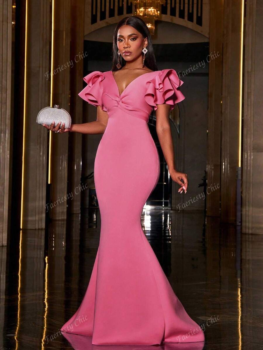 Faeriesty Twist Front Ruffle Sleeves Formal Mermaid Dress Elegant Prom Evening Wedding Guest ...