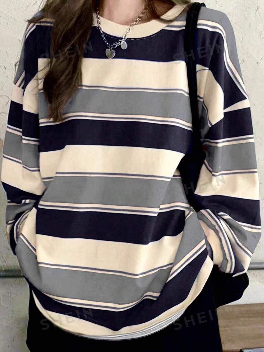 SHEIN EZwear Women's Spring And Summer Loose Fit Striped Round Neck ...