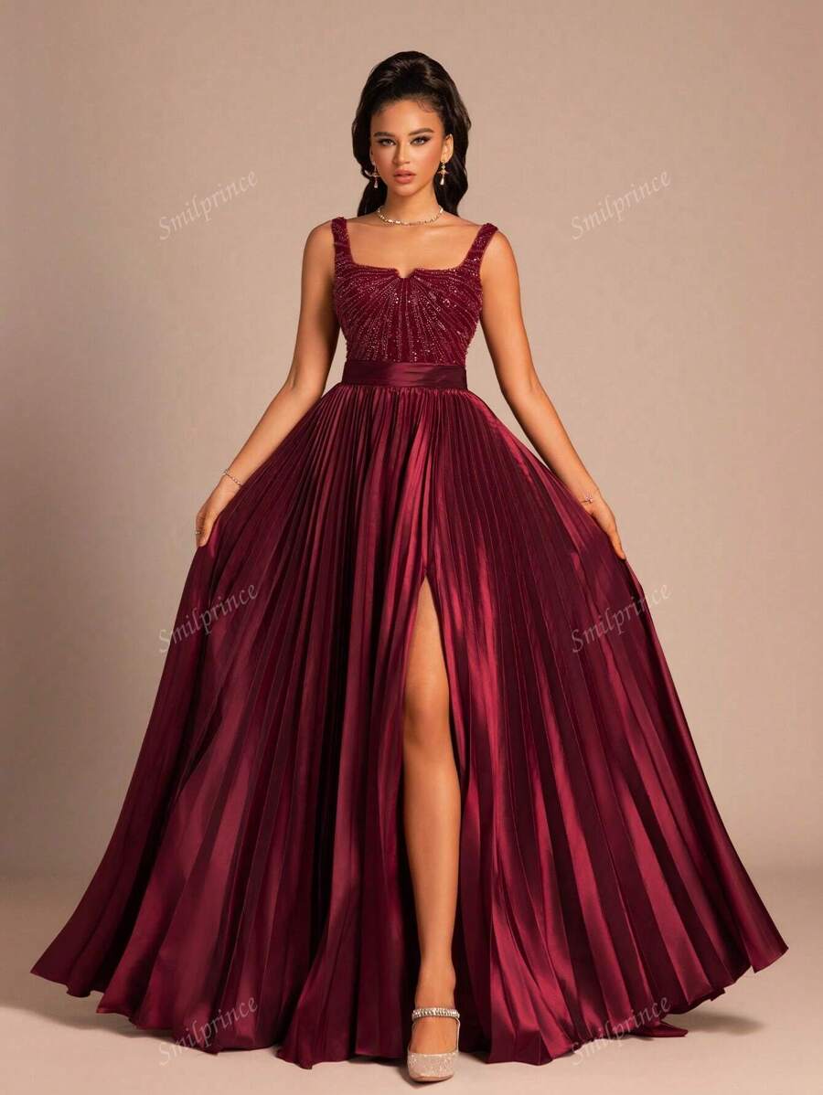 Elegant Burgundy Pleated Long Gown For Women, Formal High-Slit Evening ...