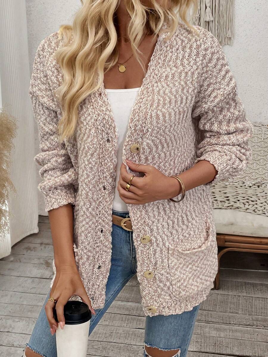 SHEIN Relaxiva Cardigã de Manga Longa com Botões e Bolsos, Cor Sólida ...