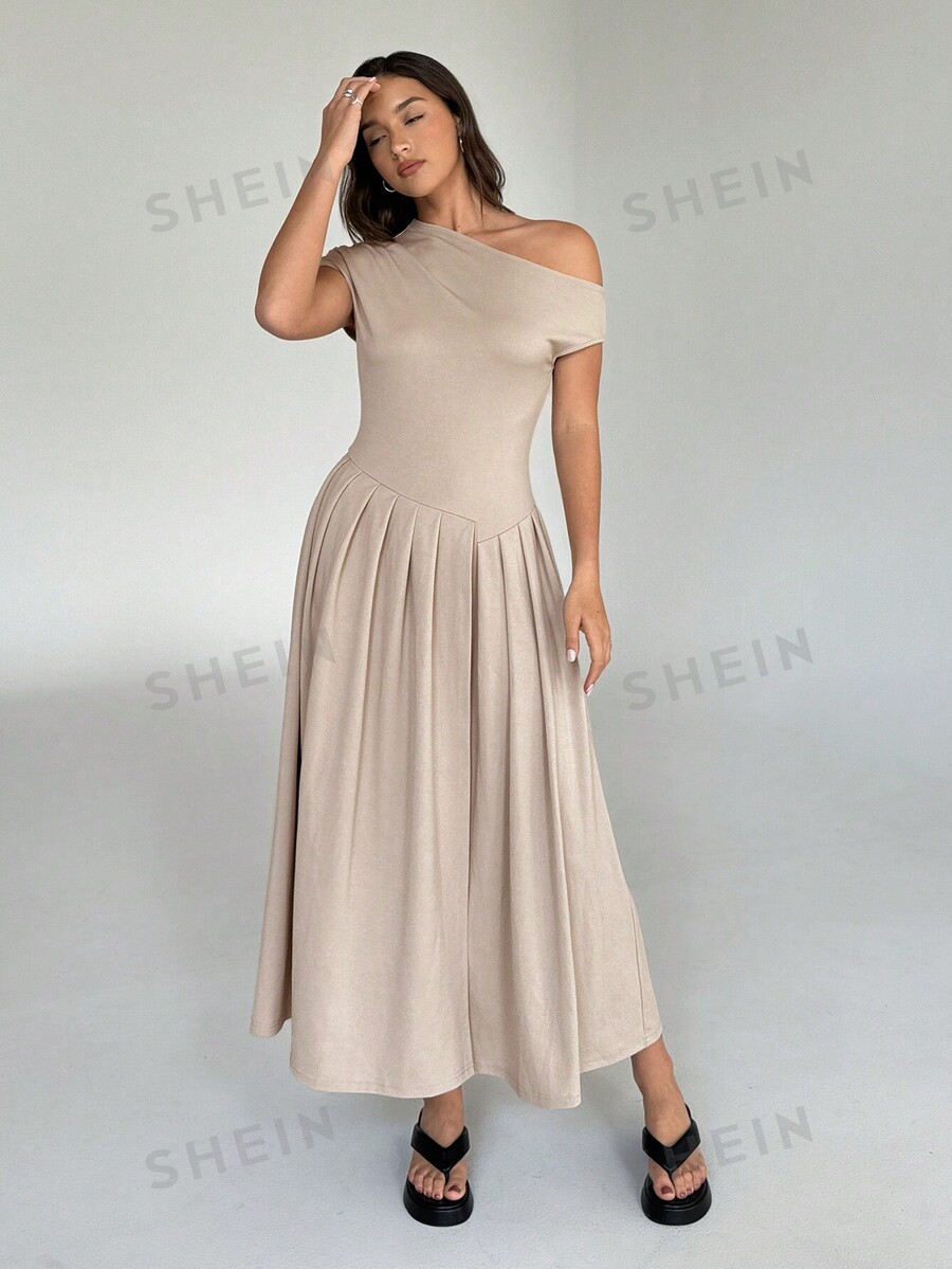 SHEIN Essnce 2024 New Spring/Summer Asymmetrical Shoulder Pleated A-Line Nude Dress For Women ...