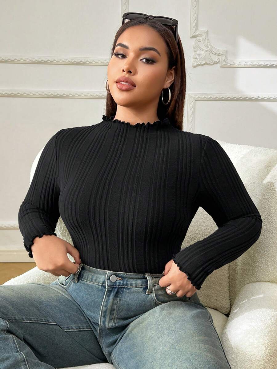 SHEIN EZwear Plus Size Women's Black Stand Collar Long Sleeve Top ...