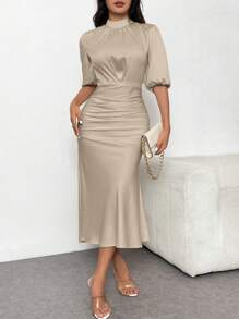 Chiquease Maxikleid für Damen mit Puffärmeln, geraffte Taille ...