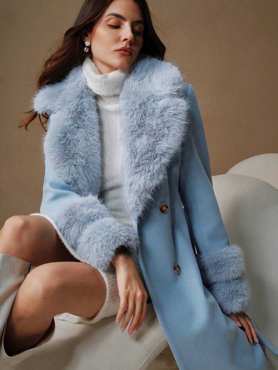 SHEIN X Lucía Bellido Anewsta Faux Fur Collar Thick Warm Long Belted Women Wool Coat Jacket ...
