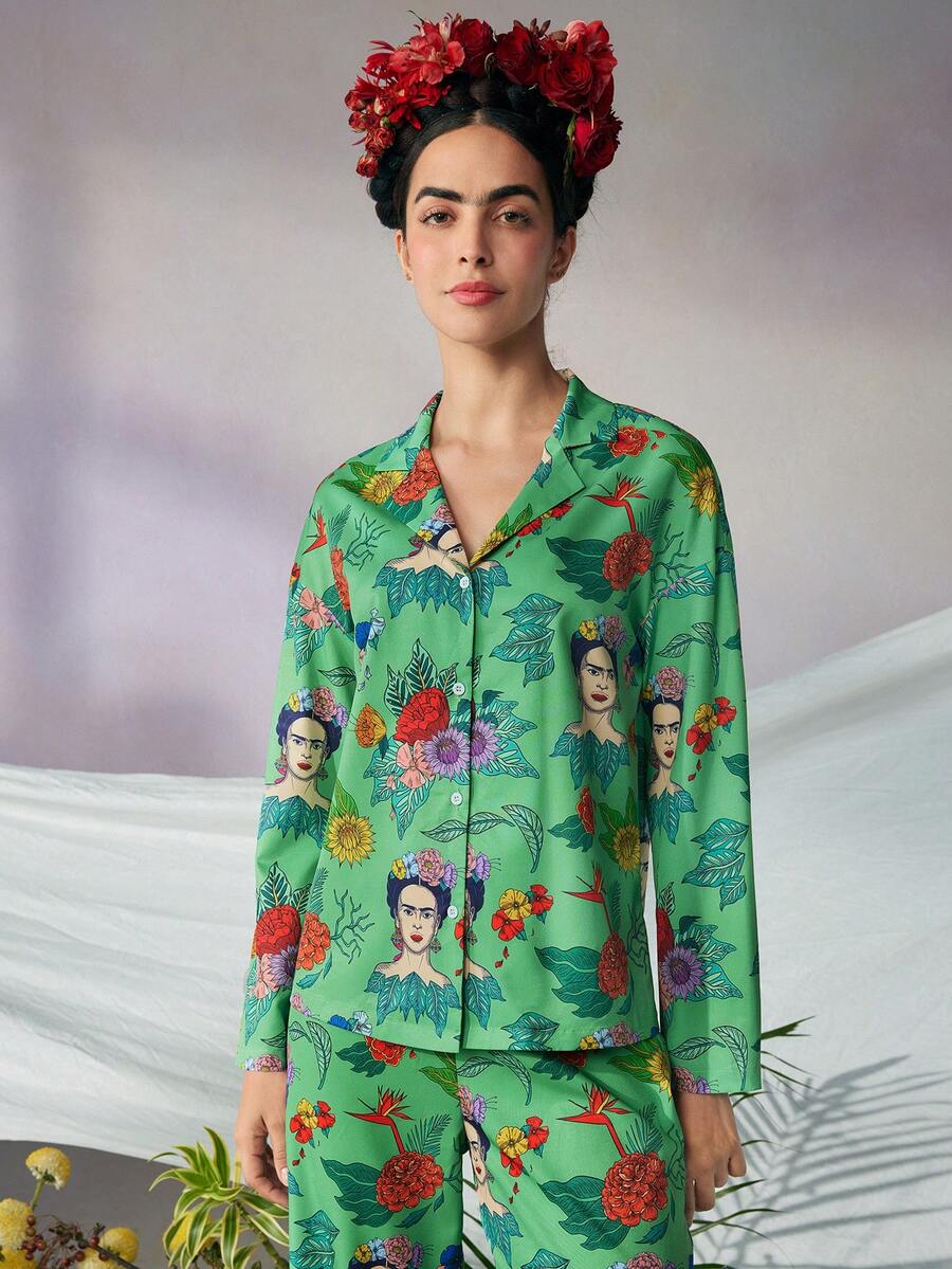 Frida Kahlo X SHEIN Fall And Winter, Green Loose Pajama Set, Plant ...