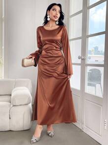 Modelyn Women's Solid Color Round Neck Long Sleeve Pleated Casual Dress Long Evening Dresses ...
