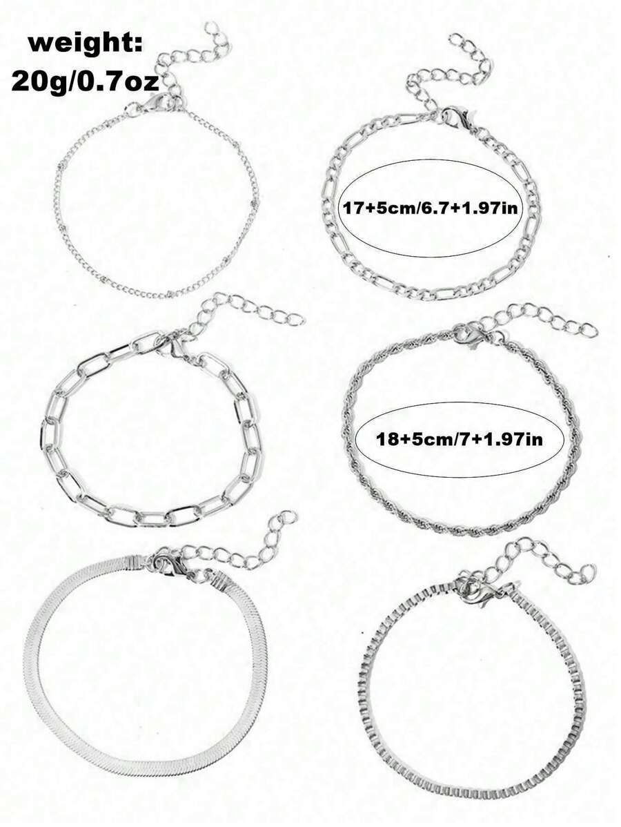 6pcs Unisex Strap Bracelets, Flat Snake Chain, Paper Clip Chain, Chain ...