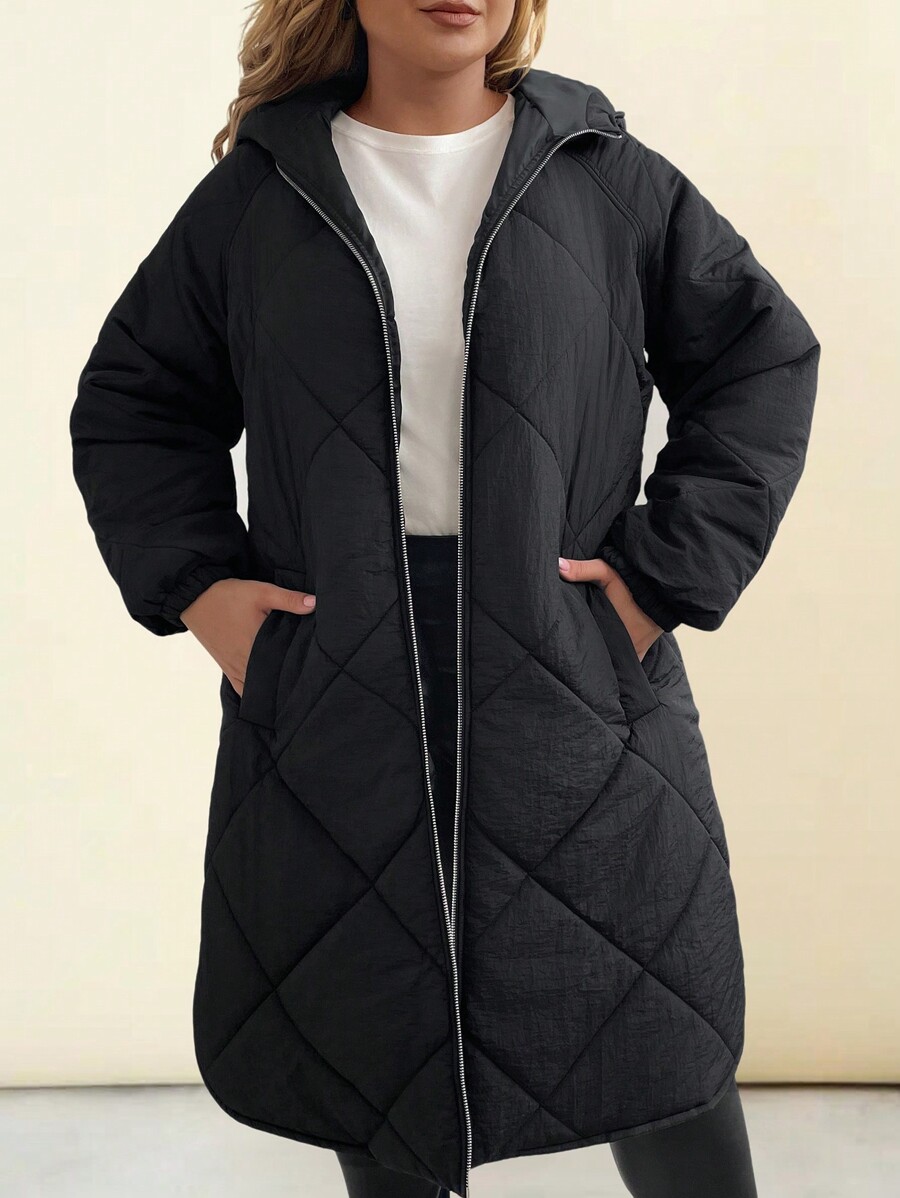 SHEIN LUNE Plus Size Quilted Hooded Mid-Length Padded Coat Winter Clothes | SHEIN USA