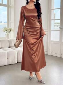 Modelyn Women's Solid Color Round Neck Long Sleeve Pleated Casual Dress Long Evening Dresses ...