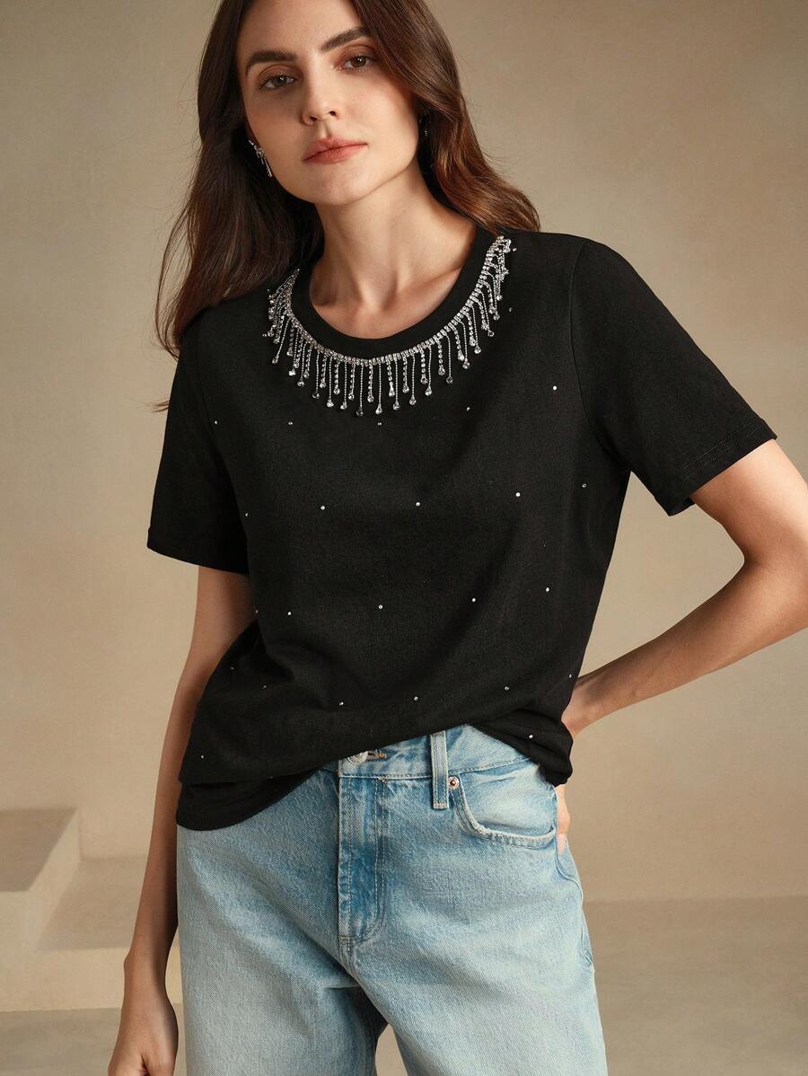 Anewsta Urban Minimalist Women's Black T-Shirt With Chain & Rhinestone ...