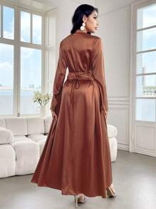 Modelyn Women's Solid Color Round Neck Long Sleeve Pleated Casual Dress Long Evening Dresses ...