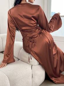 Modelyn Women's Solid Color Round Neck Long Sleeve Pleated Casual Dress Long Evening Dresses ...