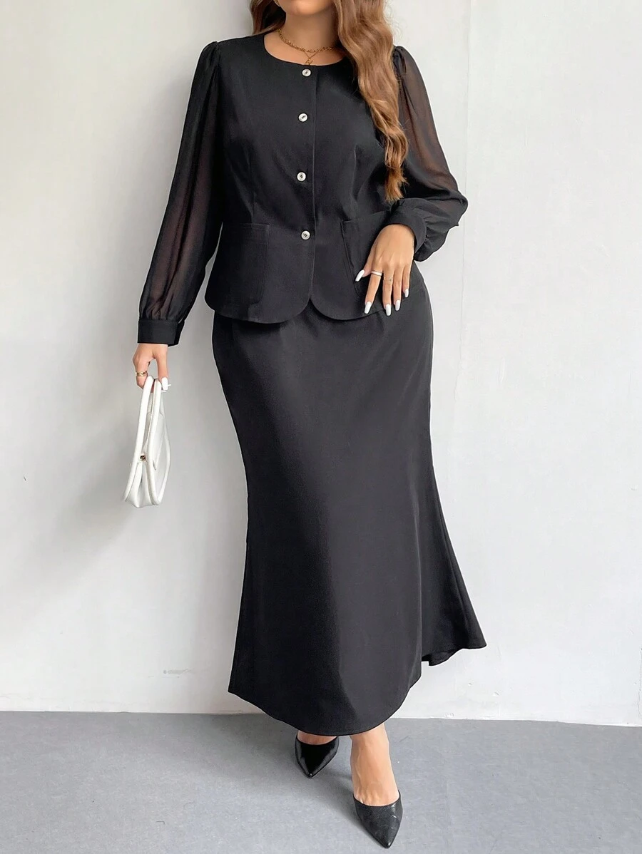 SHEIN Privé Plus Size Women Black Sheer Chiffon Spliced Sleeve Pocket Lapel Fishtail Hemline 2 ...