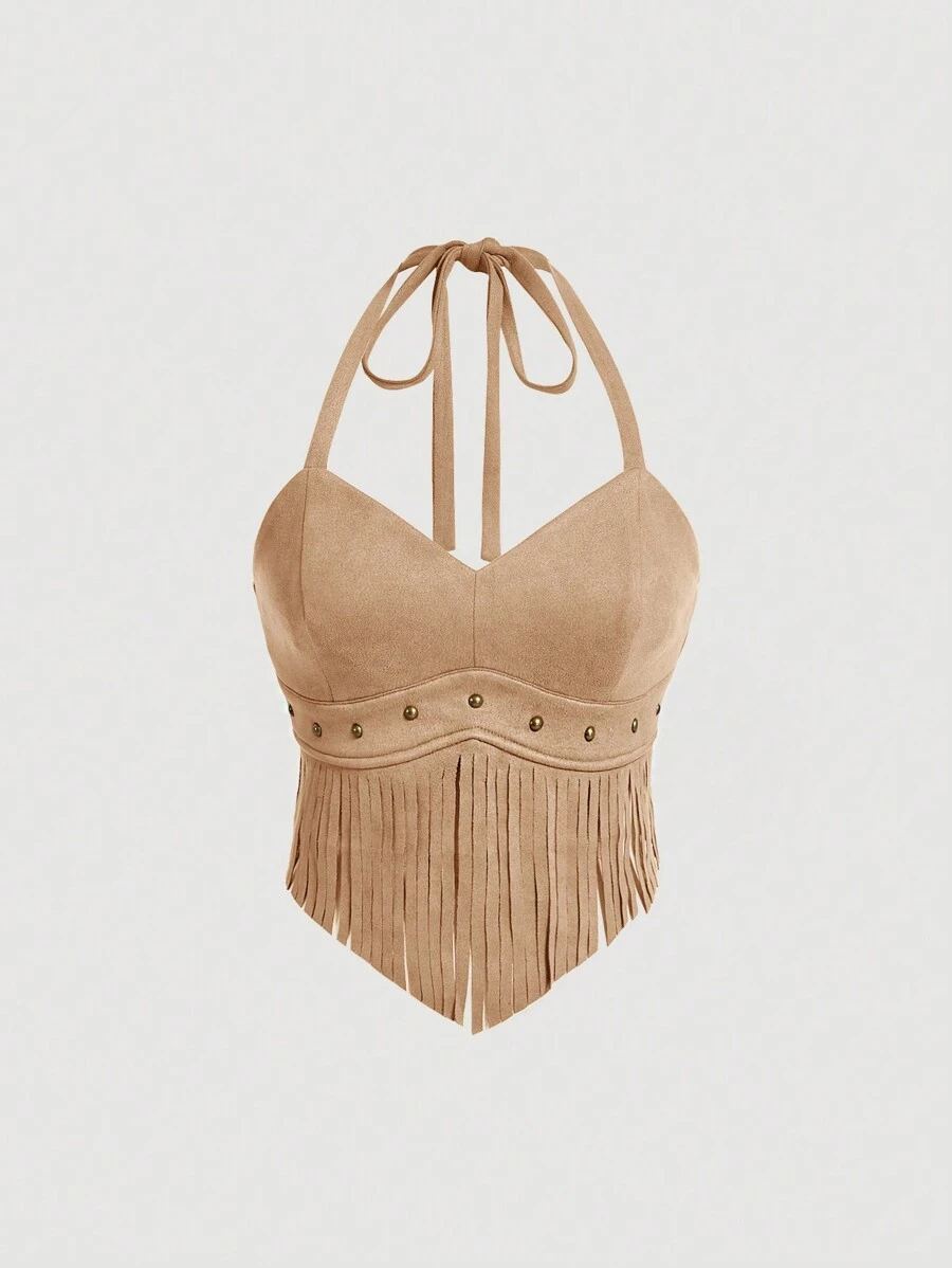SHEIN MOD Brown Suede Deer Skin Tassel Decor Vintage Halter Neck Tank ...