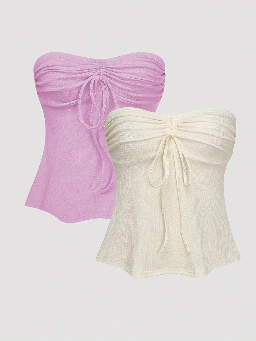 SHEIN Unity 2pcs/Set Women Textured Drawstring Ruffle Cami Top Y2K ...
