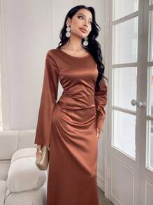 Modelyn Women's Solid Color Round Neck Long Sleeve Pleated Casual Dress Long Evening Dresses ...