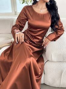 Modelyn Women's Solid Color Round Neck Long Sleeve Pleated Casual Dress Long Evening Dresses ...