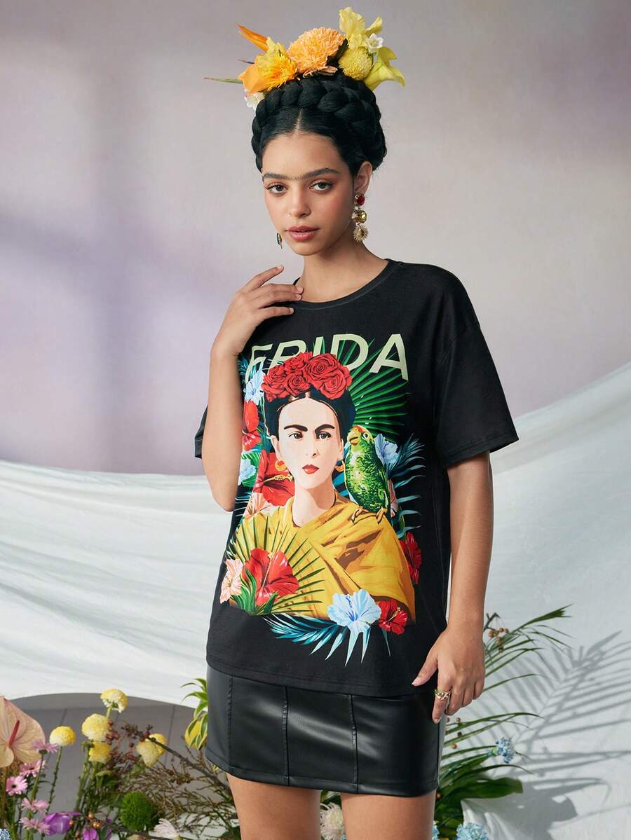 Frida Kahlo X SHEIN Fall And Winter, Black Loose T-Shirt, Plant, Flower ...