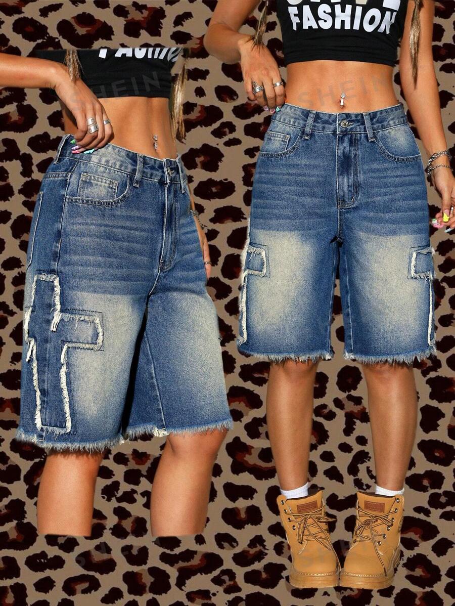 SHEIN ICON Shorts Denim com Lavagem Vintage com Botões na Frente ...