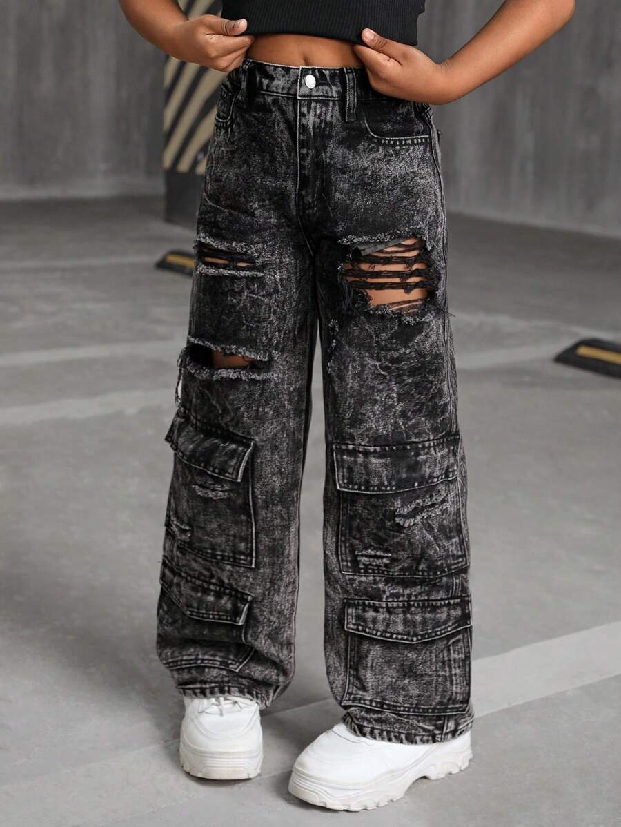 SHEIN Tween Girls' Y2K Trending Solid Stonewashed Distressed Ripped ...