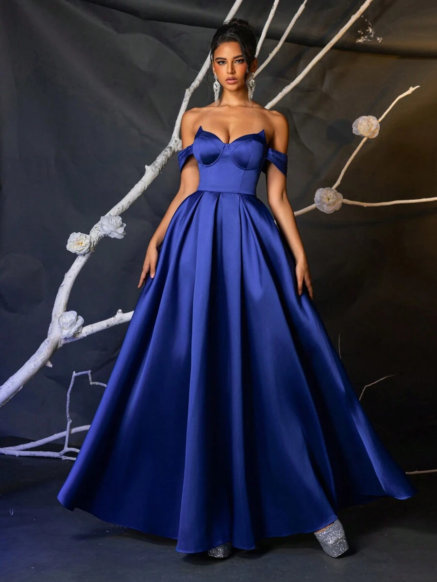 Glamrae Elegant Navy Blue Off-Shoulder Boned Bodice High Waist ...