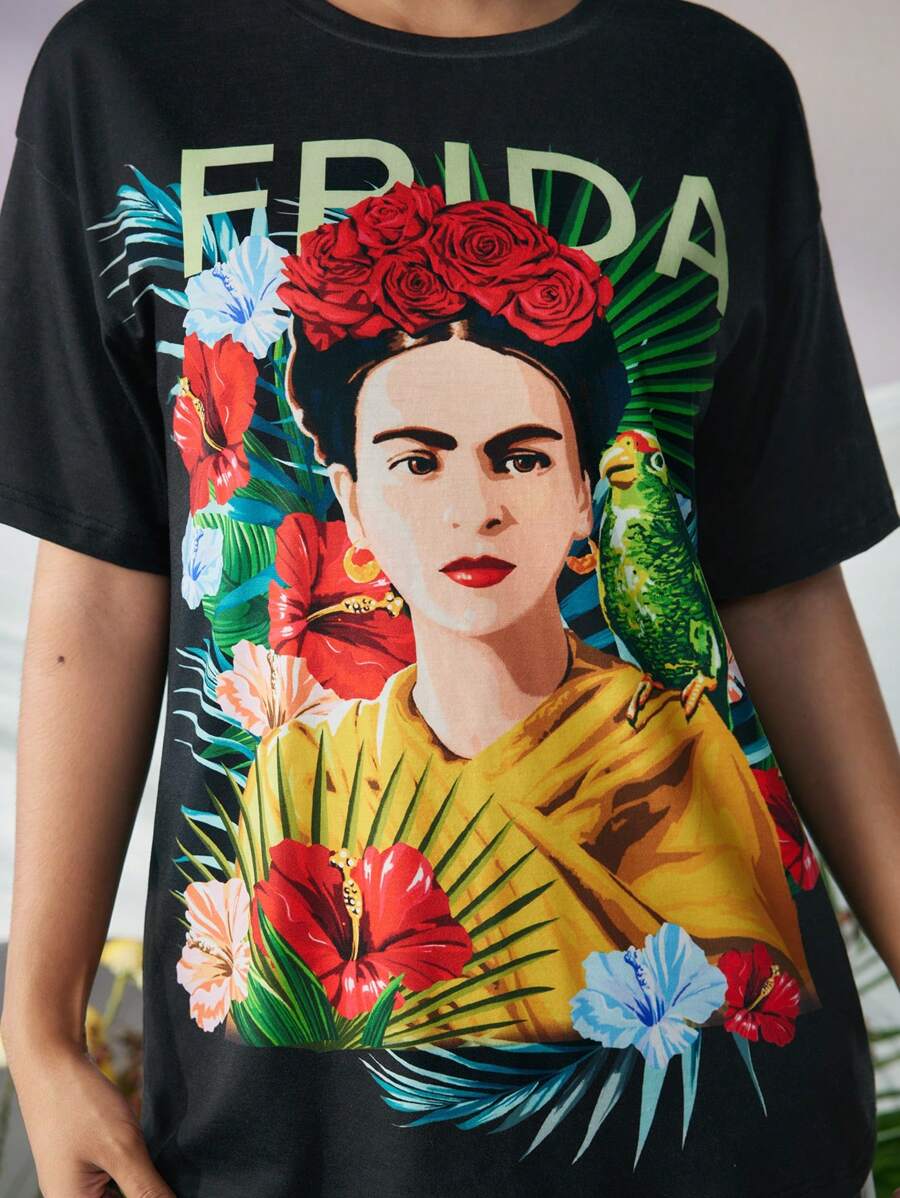 Frida Kahlo X SHEIN Fall And Winter, Black Loose T-Shirt, Plant, Flower ...
