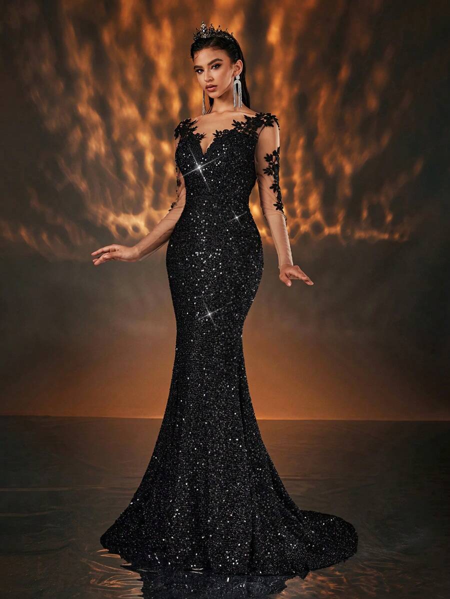 Glamrae Elegant Contrast Color Mesh Applique V-Neck High Waisted Fishtail Evening Gown, Black ...