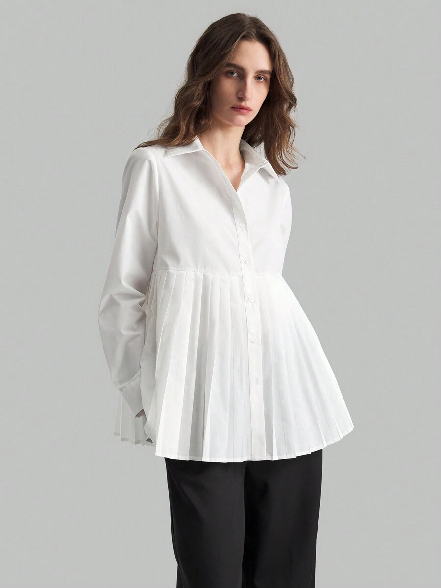 Ontre Women's White Long Sleeve Pleated Loose Blouse | SHEIN USA
