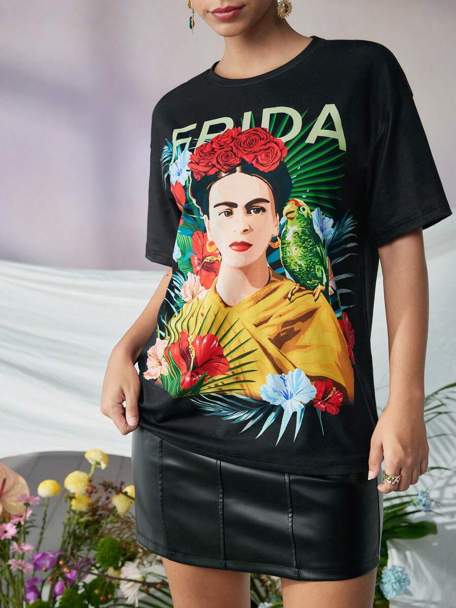 Frida Kahlo X SHEIN Fall And Winter, Black Loose T-Shirt, Plant, Flower ...