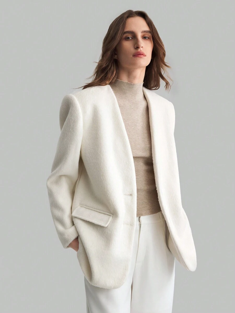 Ontre Women's Collarless Beige Blazer Jacket, Elegant Office Work Top For Thanksgiving, Winter ...