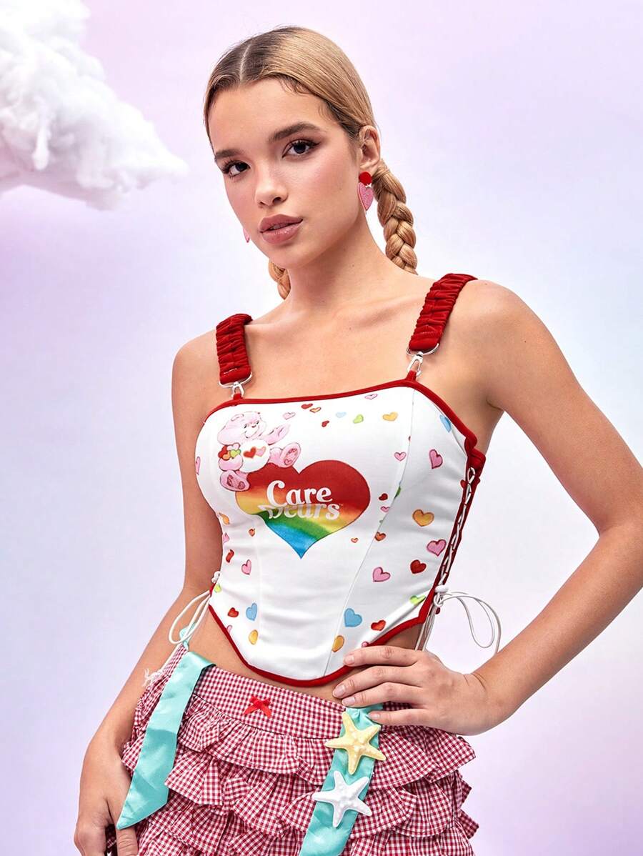 SHEIN X Care Bears FREAK CITY Designer Cartoon Bear And Rainbow Heart Print Lace Up Side Ringer ...