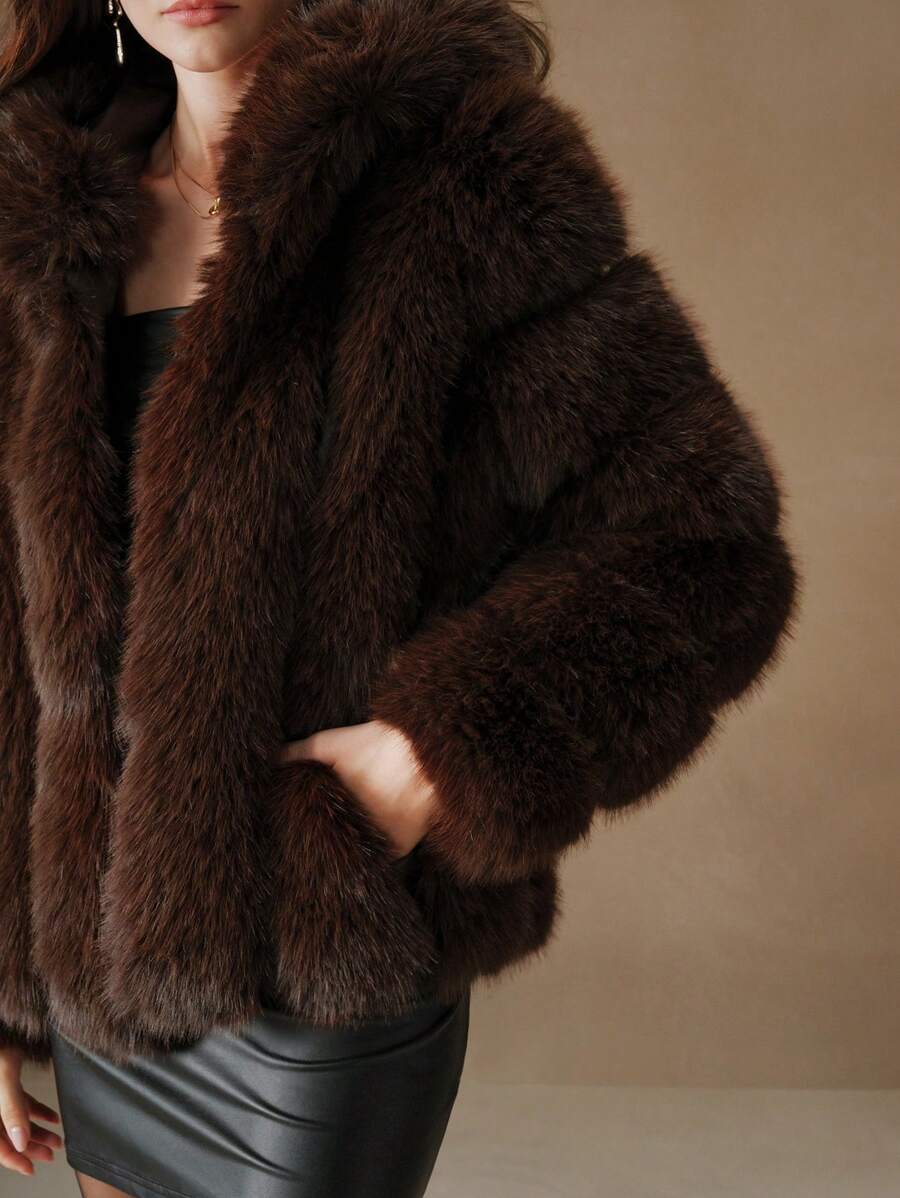 Anewsta New Fashionable Faux Fox Fur Coat For Women, Warm Furry Outwear ...