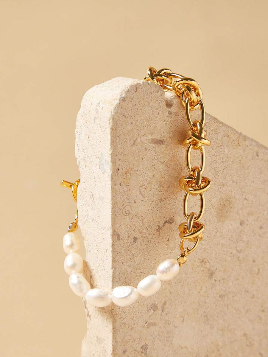 SHEIN 18K Gold Plated Twisted Intertwined Chain & Natural Pearl ...