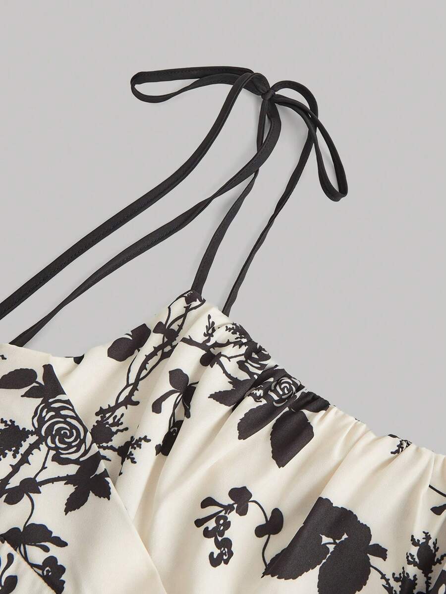 SHEIN MOD Women Apricot Background Black Silhouette Flower Print Cami ...