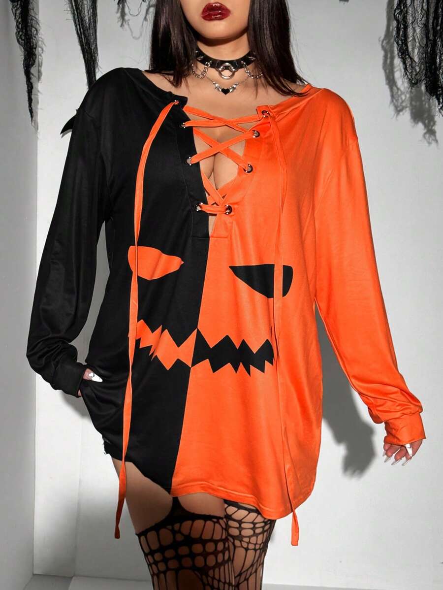 Flirla Halloween Plus Size Women Cartoon Graphic Drawstring Drop ...
