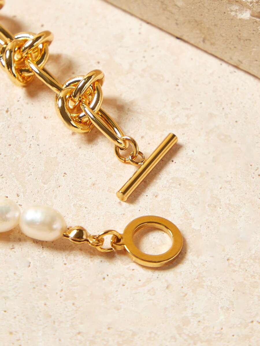 SHEIN 18K Gold Plated Twisted Intertwined Chain & Natural Pearl ...