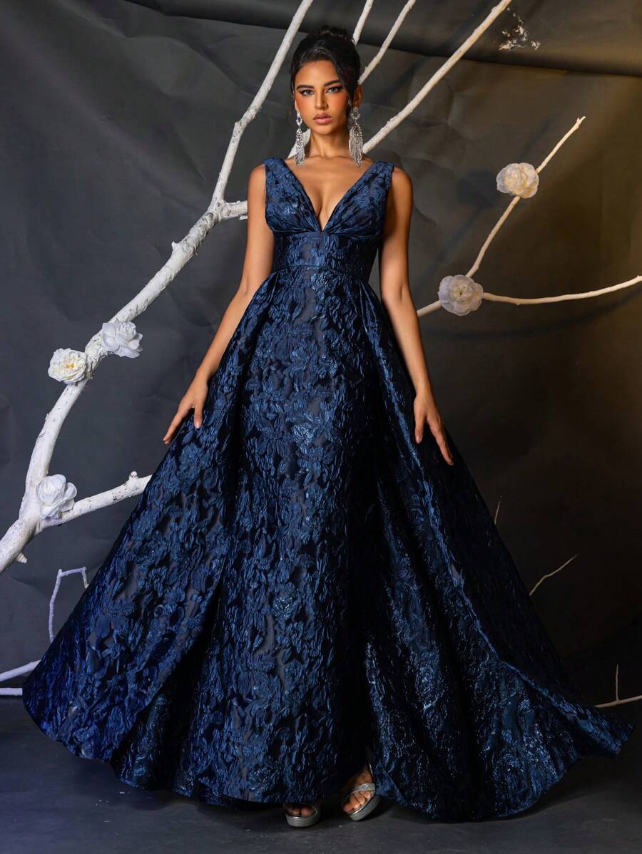 Glamrae Elegant Navy Blue Luxurious 3D Jacquard V-Neck High Waist ...