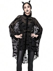 ROMWE Flocked Gothic Bat Pattern Oversized Batwing Long Sleeve Sheer ...