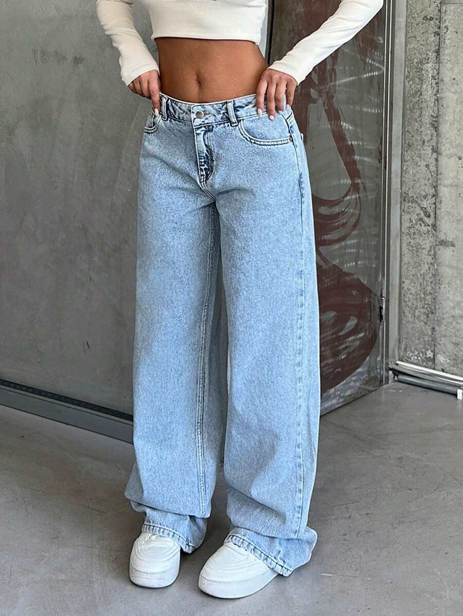 100% Cotton LOW RISE WIDELEG CUT LIGHT BLUE WOMEN JEAN | SHEIN UK